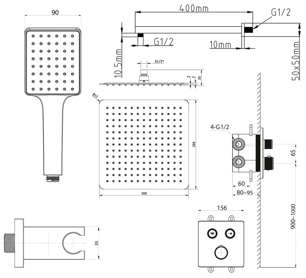 Sapho Sapho, SMART SELECT podomítková termostatická sprchová souprava, 2 výstupy, vystoupení, černá mat, RP042B-01