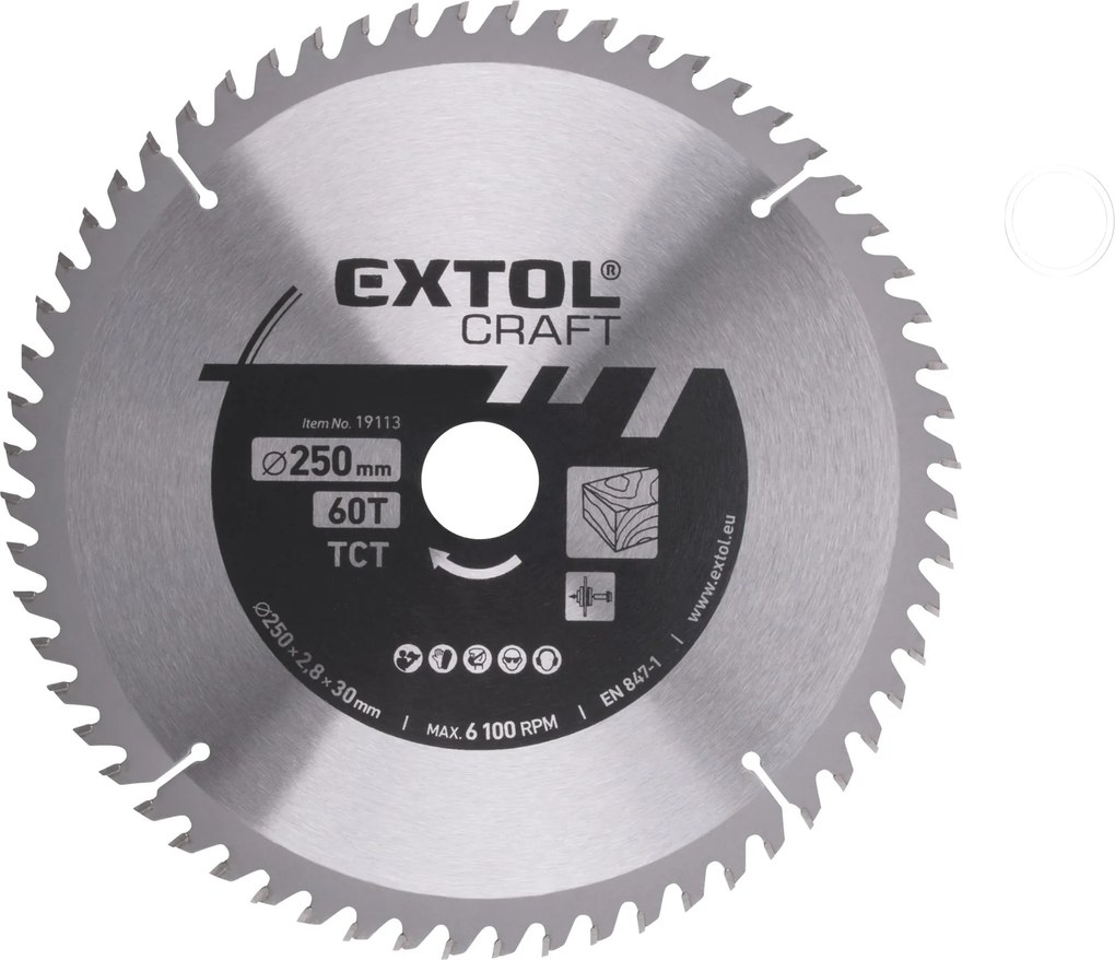 EXTOL CRAFT Kotouč pilový s SK plátky, 250x1,8x30mm, 60T, šířka SK plátku 3,1mm
