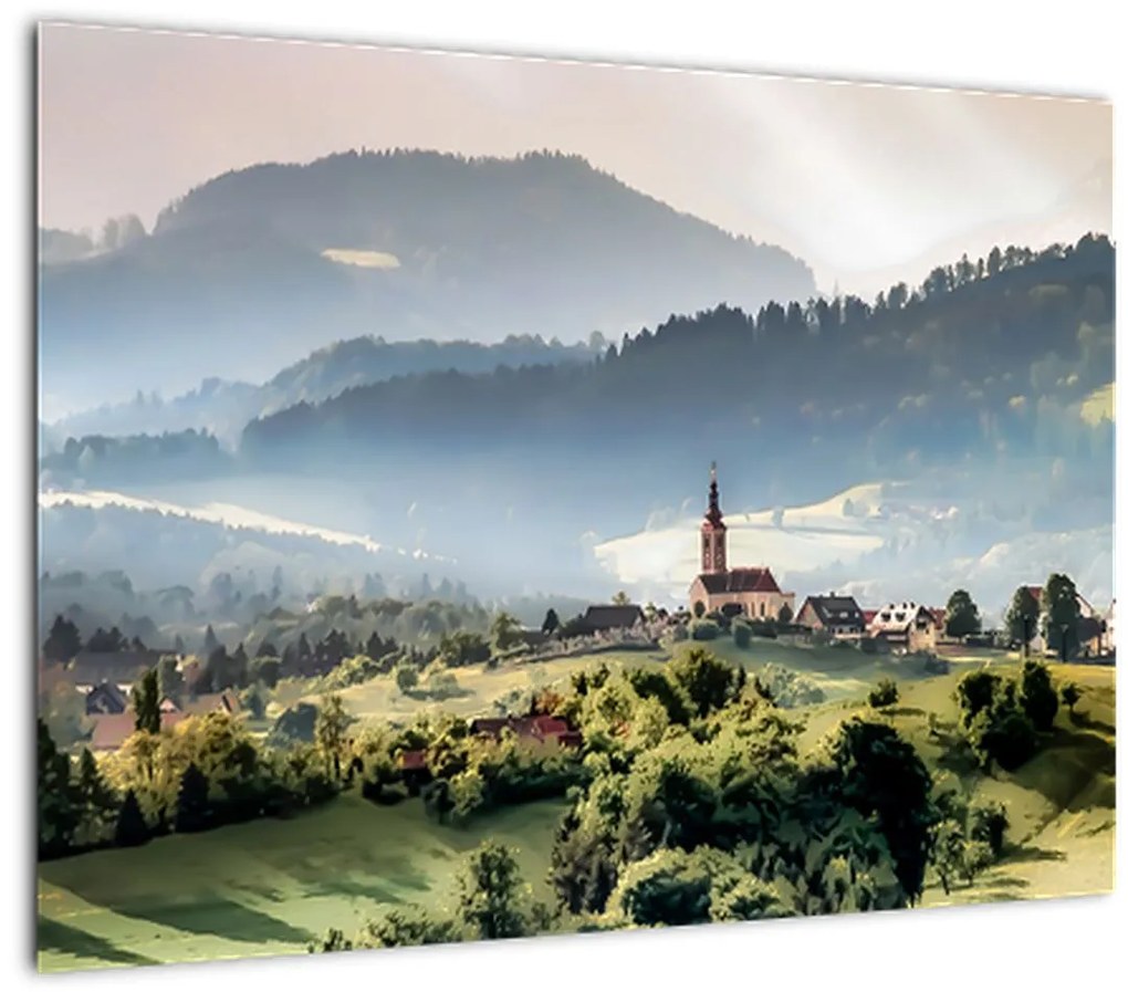 Skleněný obraz - vesnička v mlze (70x50 cm)