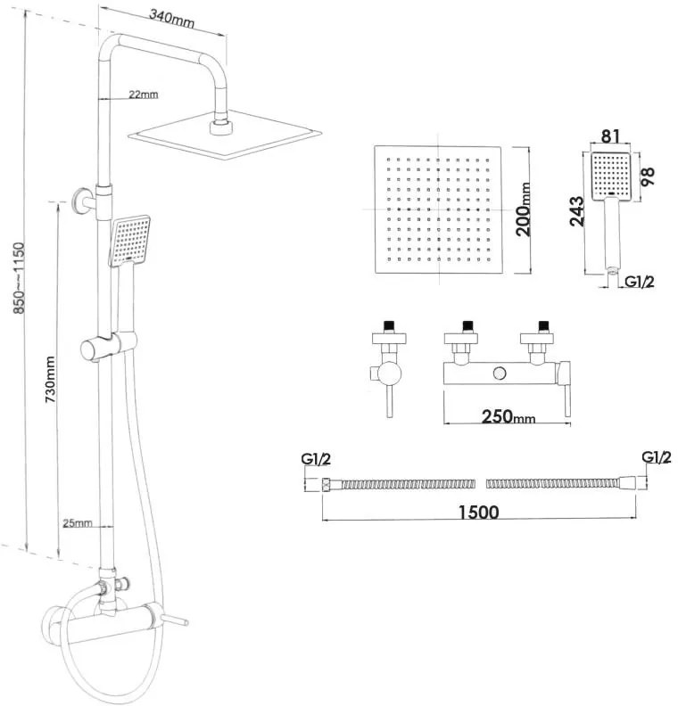 Erga Flova, sprchová souprava s pákovou baterií a dešťovou hlavicí 20x20cm, černá matná, ERG-YKA-BP.FLOVA 20 BLK