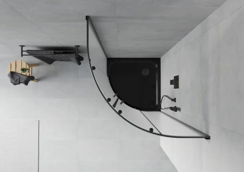Mexen Rio, čtvrtkruhový sprchový kout s posuvnými dveřmi 80 (dveře) x 80 (dveře) x 190 cm, 5mm sklo námraza, černý profil + černá sprchová vanička SLIM, 863-080-080-70-30-4170B