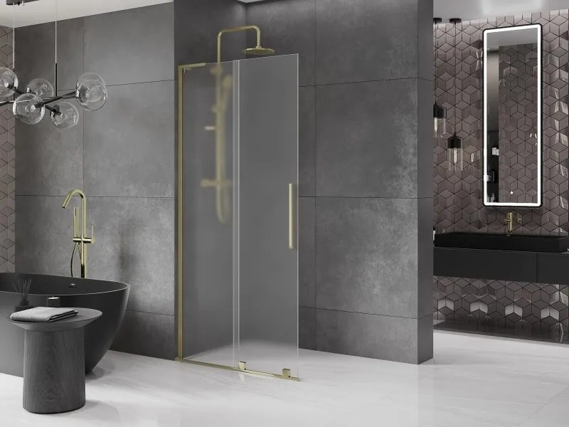 Mexen Velar L, posuvná sprchová zástěna Walk-in 110 x 200 cm, 8mm sklo námraza, zlatá lesklá, 871-110-003-33-50