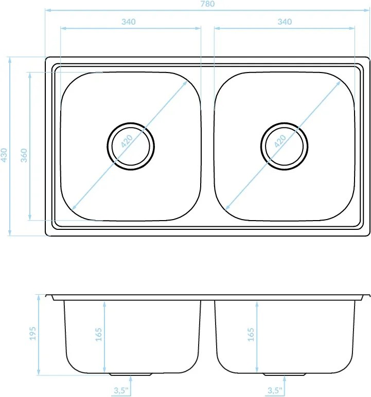 Kuchinox Standard, 2-komorový nerezový dřez 780x430x195 mm, drážkovaný dekor, ocelová, LAV-SKS_320T