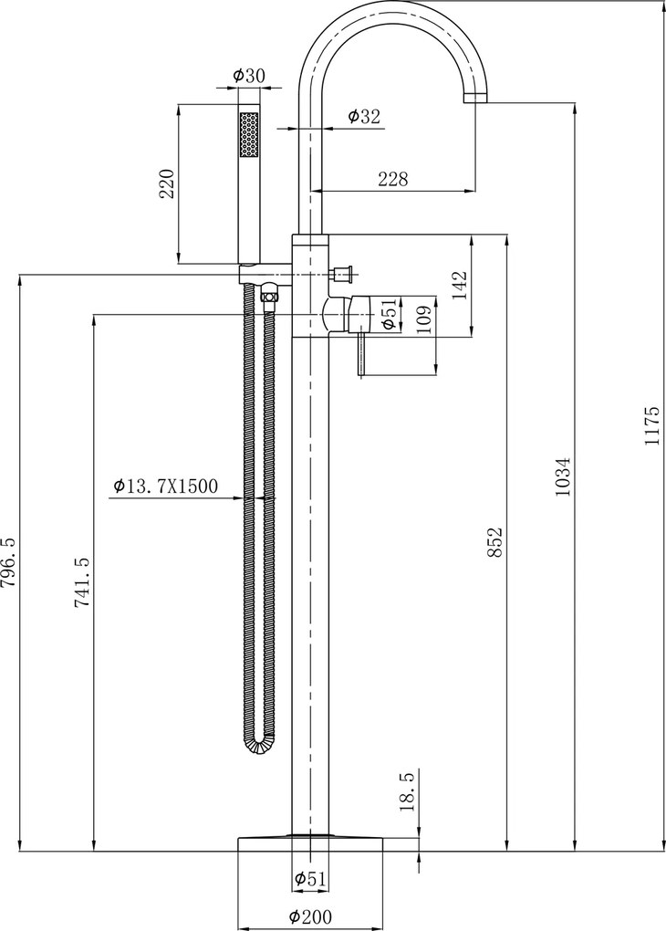 Aqualine Sapho, CETO vanová baterie s připojením do podlahy, 1175 mm, černá matná, BV357B