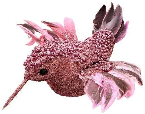Růžová třpytivá ozdoba ptáček kolibřík s peříčky  - 15*15 cm