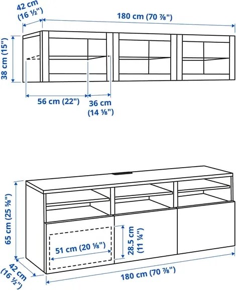 BESTÅ TV úložná sestava s proskl. dvířky, vz. bíle moř. dub/Selsviken lesklé/bílé čiré sklo, 180x42x192 cm