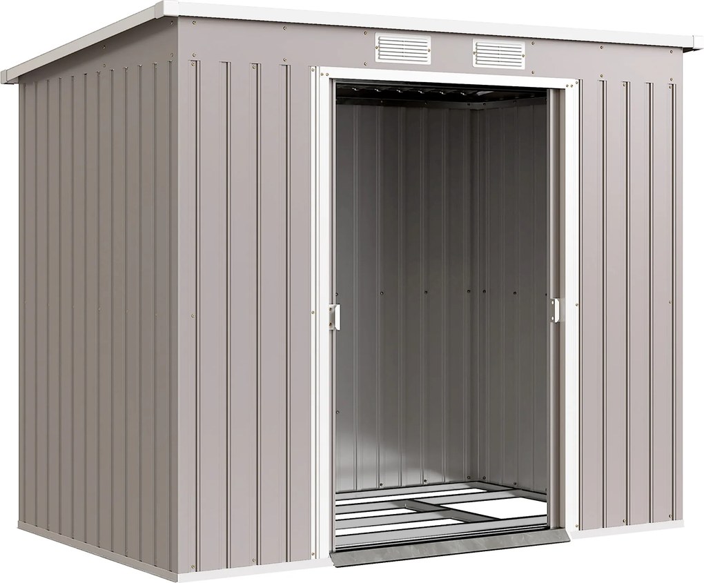 Zahradní domek Outsunny 3,2 m² 213x130x172 cm se sběrnými dveřmi a šikmou střechou, zesílený základ (podlaha není součástí) a 2 okna, Světlá šedá