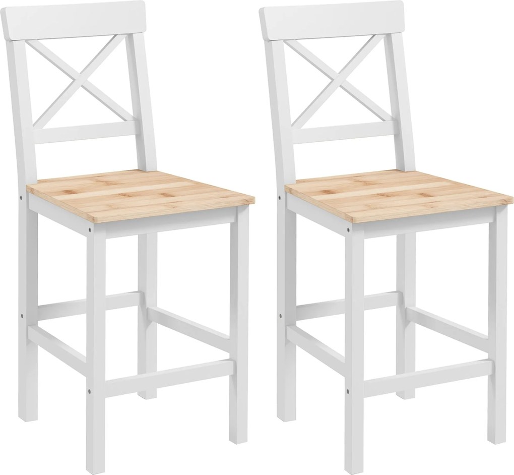 HOMCOM Set 2 Barových Židlí Vysoký Sedák 60,2 cm Dřevěné Kuchyňské Židle s Opěrkou a Podnožkou Nosnost 120 kg pro Jídelnu a Obývací Pokoj Přírodní a B