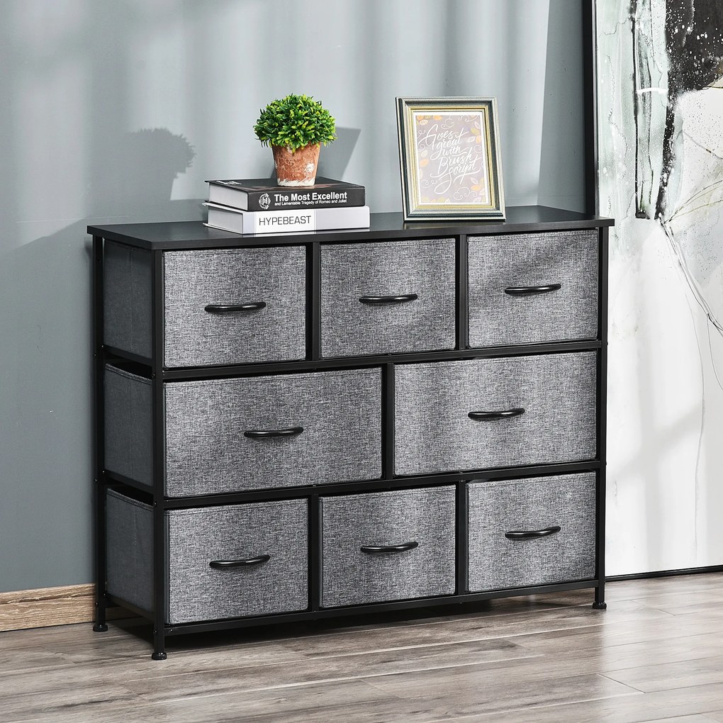 HOMCOM Komoda s 8 textilními zásuvkami, úložná skříň s úchyty, kovový rám, moderní design do ložnice a obývacího pokoje v tmavě šedé barvě