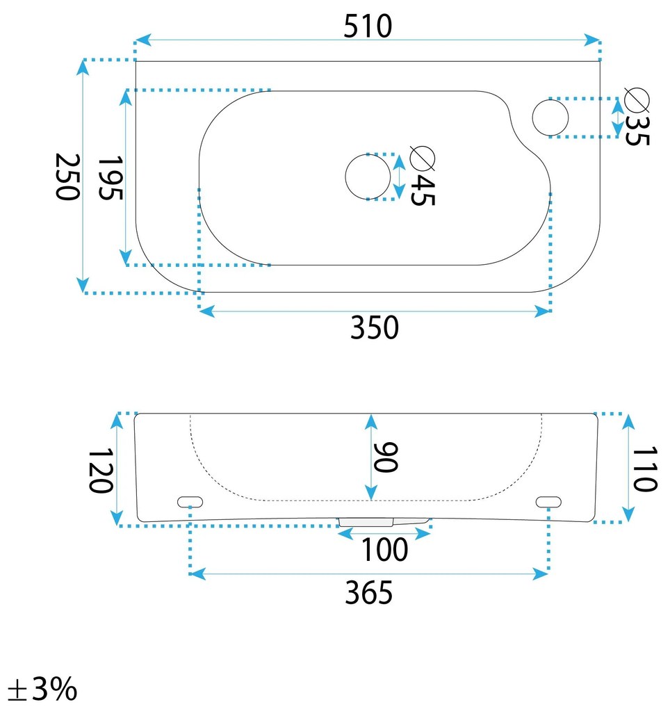 Rea Odetta, umyvadlo na desku/nástěnné 510x250x115 mm, bílá lesklá, REA-U3610