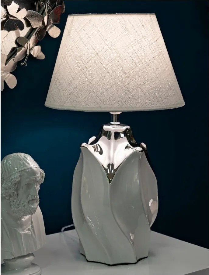 Bílá/ve stříbrné barvě keramická stolní lampa s textilním stínidlem (výška 51 cm) Shiney – Mauro Ferretti