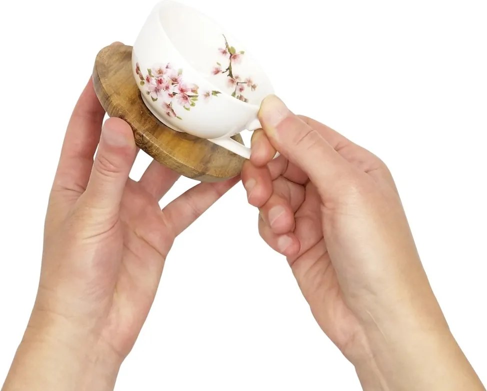 Porcelánový espresso šálek Sakura s podšálkem z akácie, 120 ml – s motivem rozkvetlé sakury