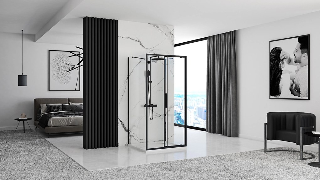 Rea Rapid Slide Wall, 3-stěnný sprchový kout s posuvnými dveřmi 120 (dveře) x 80 (stěna) x 195 cm, 6mm čiré sklo, černý profil, KPL-09880