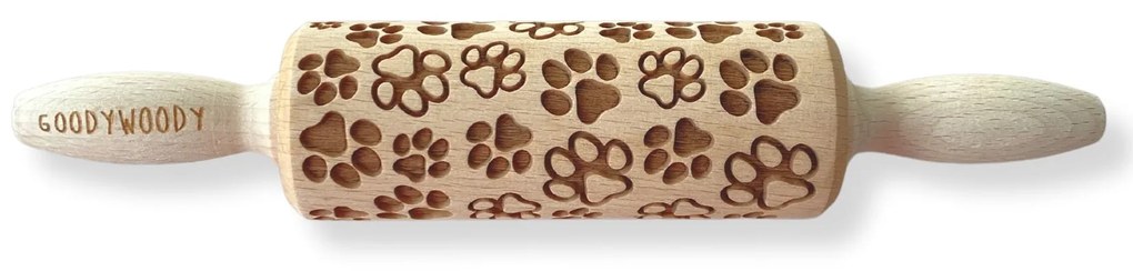 Goody Woody Embosovaný váleček na těsto Dog Paws – malý, přírodní barva, dřevo