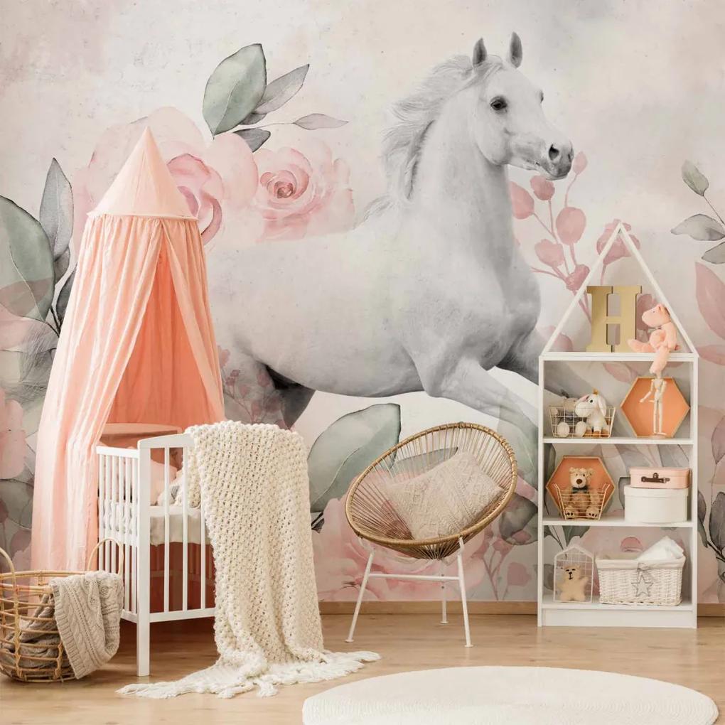 Fototapeta Bílý kůň uprostřed růží - motiv v odstínech bílé a růžové
