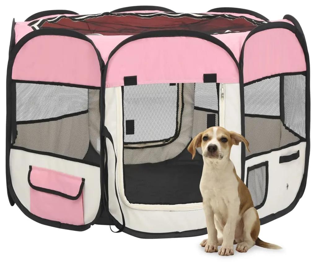 vidaXL Skládací ohrádka pro psy s taškou růžová 90 x 90 x 58 cm