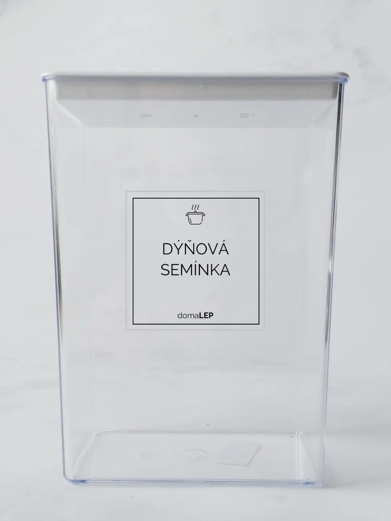 DÝŇOVÁ SEMÍNKA – průhledná samolepka na dózu, základní písmo, 5 x 5 cm | DomaLEP