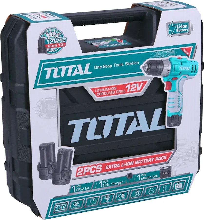 TOTAL Vrtací šroubovák AKU, 12 V Li - ion (2x), 1500 mAh TDLI1232