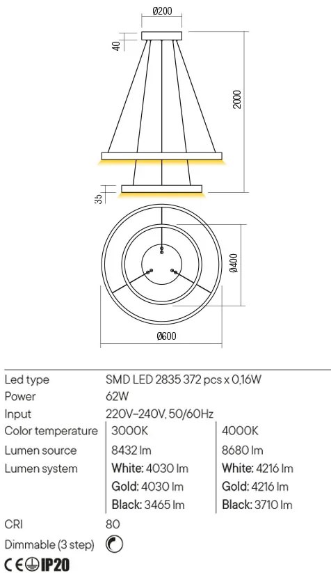 Redo Závěsné LED svítidlo Febe - 2 kruhy, ø60cm/ø40cm Barva: Zlatá, Chromatičnost: 4000K