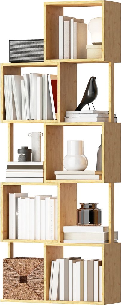 HOMCOM moderní asymetrický 5patrový regál z bambusu, 62,5 x 23 x 165 cm, barva dřeva přírodní