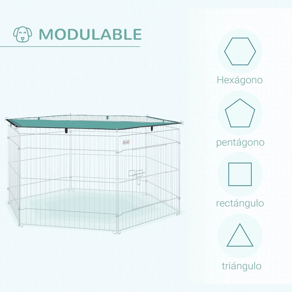 PawHut Ohrádka pro psy 6 panelů 59x60 cm Skládací kovový plot pro domácí mazlíčky s dveřmi a zámkem a stříškou pro zahradu a terasu