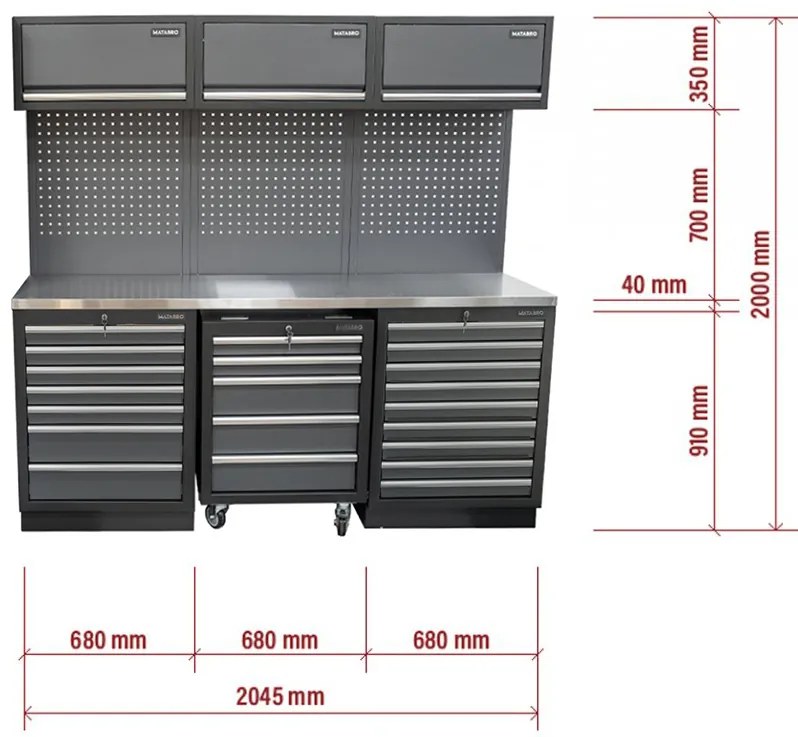 AKČNÍ SET Sestava 6 ks dílenského nábytku SET-CA01082 s nerezovou pracovní deskou MB-TGW80S