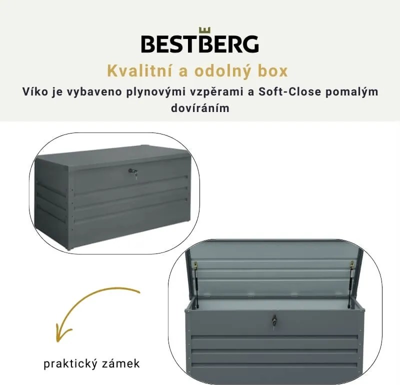 Kovový zahradní úložný box BestBerg ZBK-400A / 400 l / 132 x 62 x 62 cm / šedá