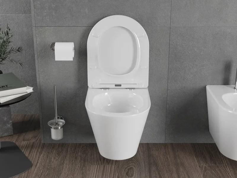 Mexen Rico, závěsná WC mísa 490x360x370 mm, Rimless Tornádo + WC sedátko z duroplastu, bílá lesklá, 30720400T