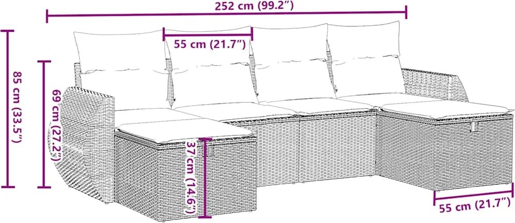 6dílná zahradní sedací souprava a podušky světle šedá polyratan 3264168