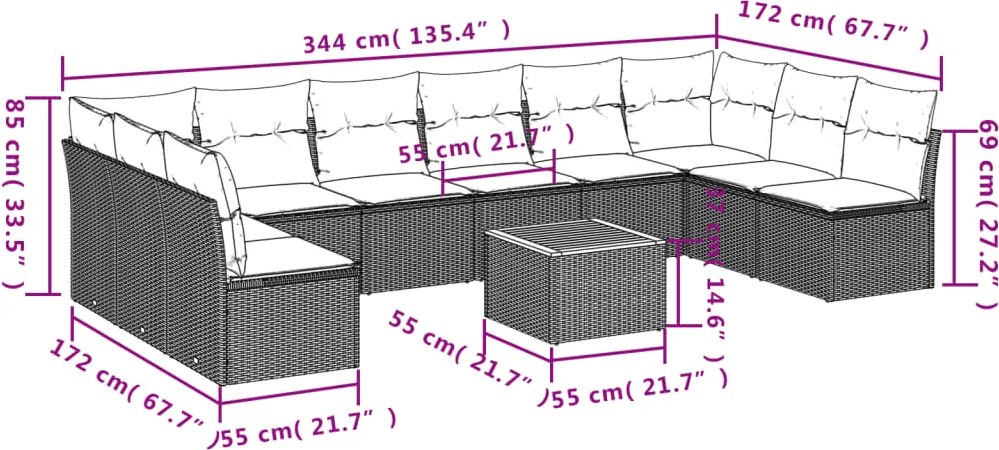 11dílná zahradní sedací souprava s poduškami šedá polyratan 3223799