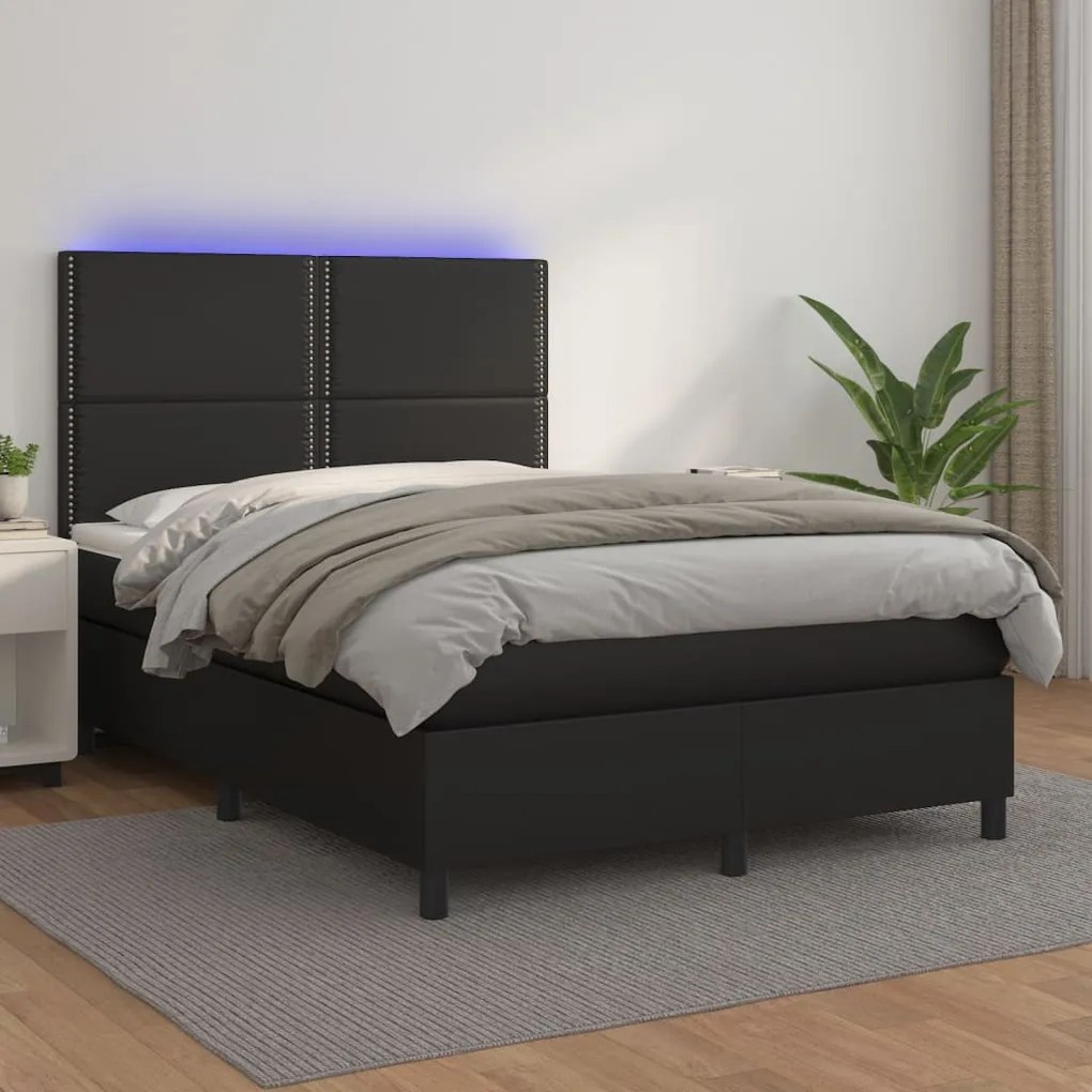 Box spring postel s matrací a LED černá 140x200 cm umělá kůže 3135885