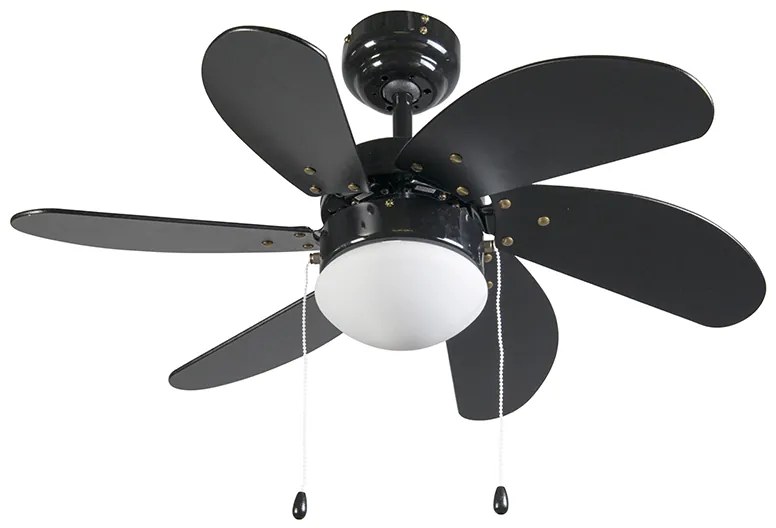 Stropní ventilátor černý s potiskem dřeva 80 cm s tahovým spínačem - Fresh