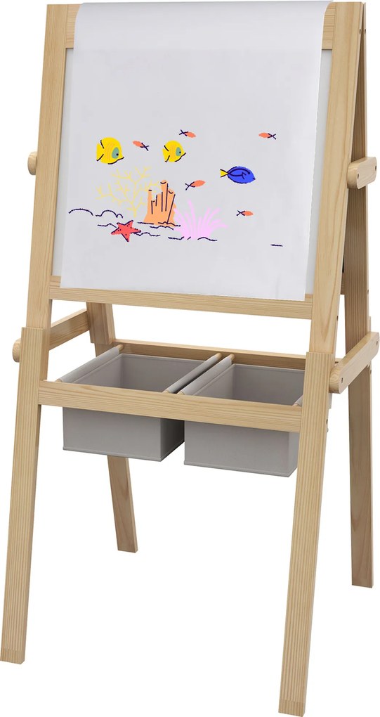 Dětský easel AIYAPLAY 3 v 1 s oboustrannou tabulí, dřevěný easel pro kreslení s papírovým válcem a 2 košíky 58x50,5x109 cm přírodní