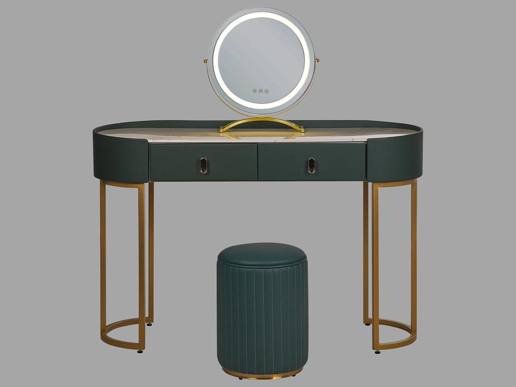 Toaletní stolek se 2 zásuvkami LED zrcadlem a pufem tmavozelený/ zlatý VINAX Beliani