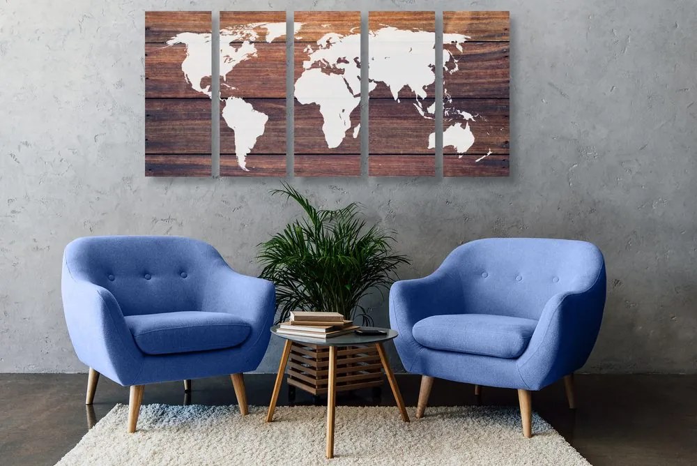5-dílný obraz mapa světa s dřevěným pozadím Varianta: 100x50
