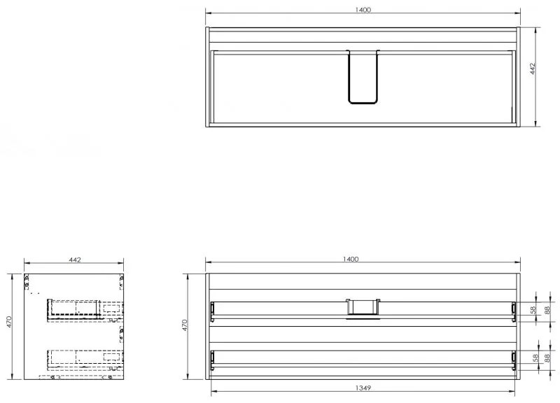 Mexen Box-A, závěsná skříňka 140 cm, 2 zásuvky, matná šedá, 91AX0-1400-470-2-62