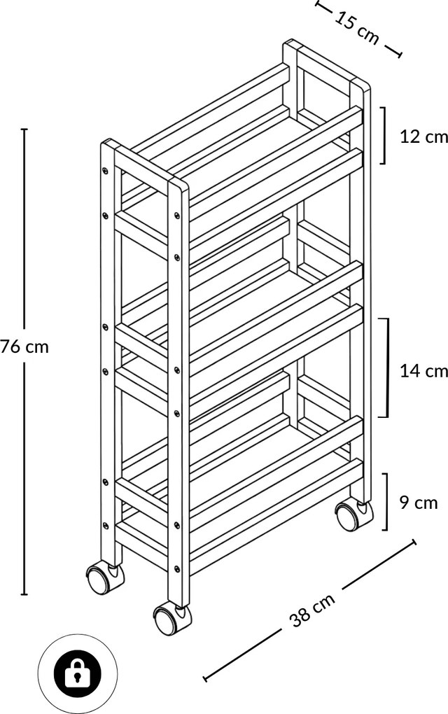 Pojízdný koupelnový regál, 3 police, 76 cm, KLUK