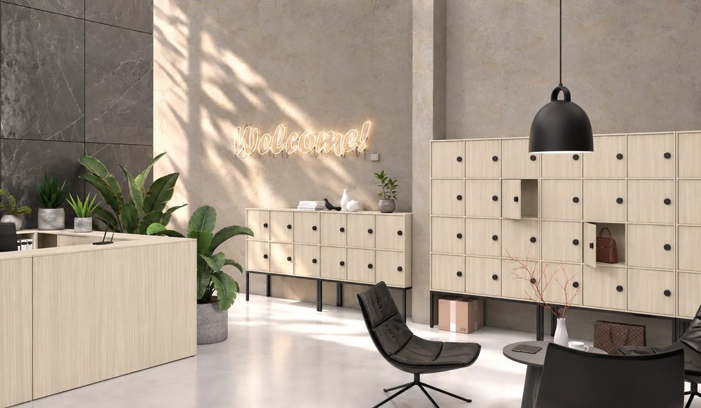 Kancelářská skříň FRAME, 12x dveře, 1299 x 450 x 1735 mm, RFID zámek, dub přírodní