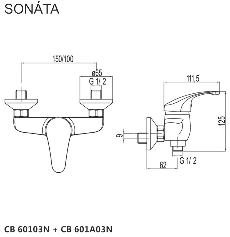 Mereo Mereo, Sprchová nástěnná baterie, Sonáta, bez příslušenství, chrom, CB60103N