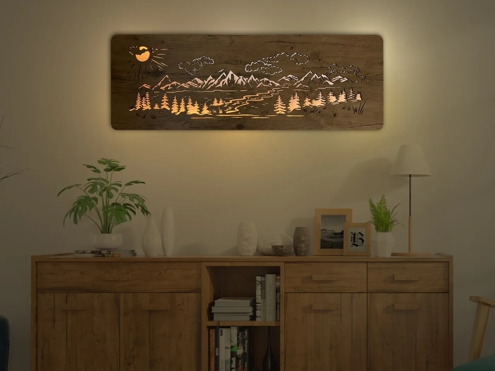 Li-Go "Hory, les" světelný obraz 230V 120x40cm provedení povrchu: ořech