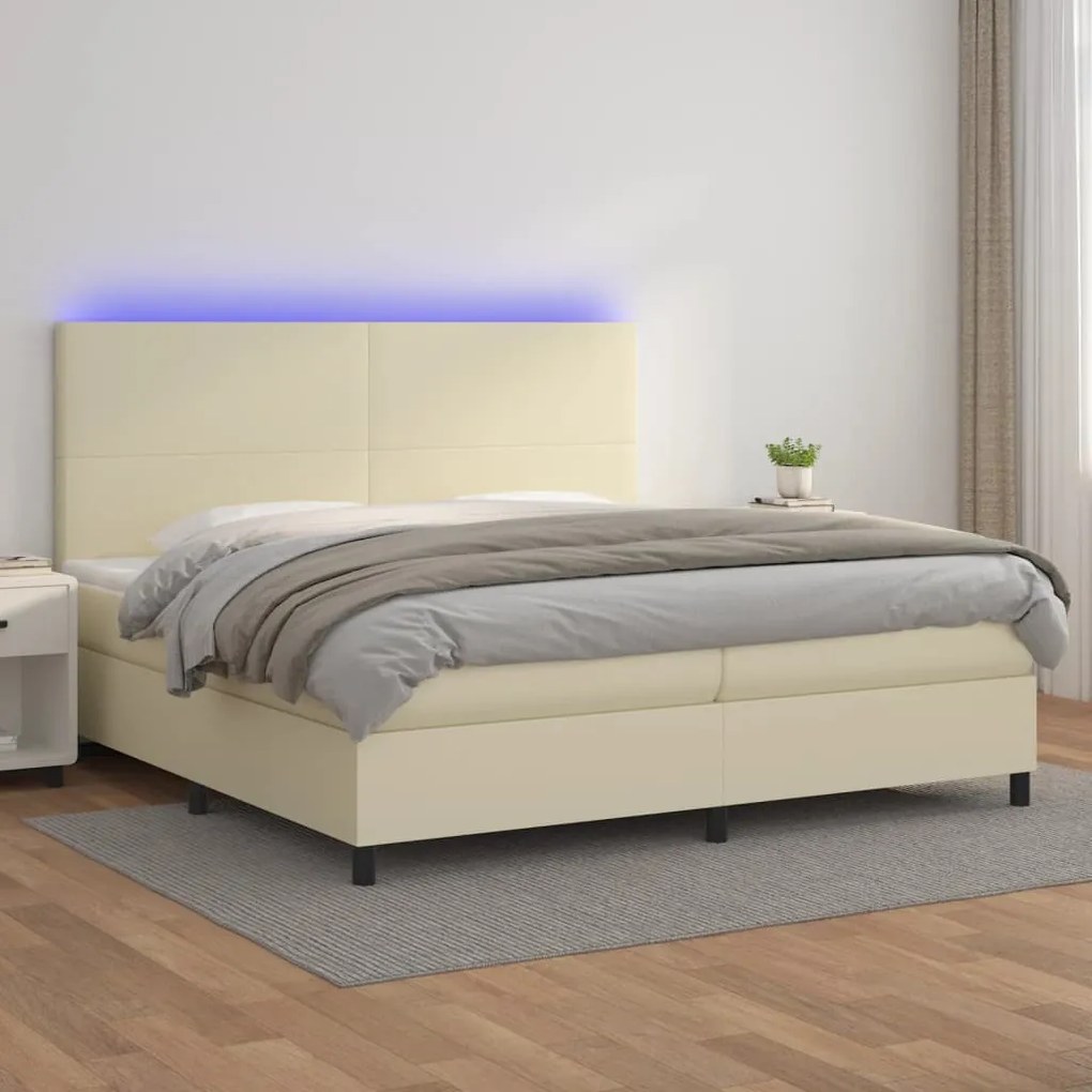 vidaXL Box spring postel s matrací a LED krémová 200x200 cm umělá kůže