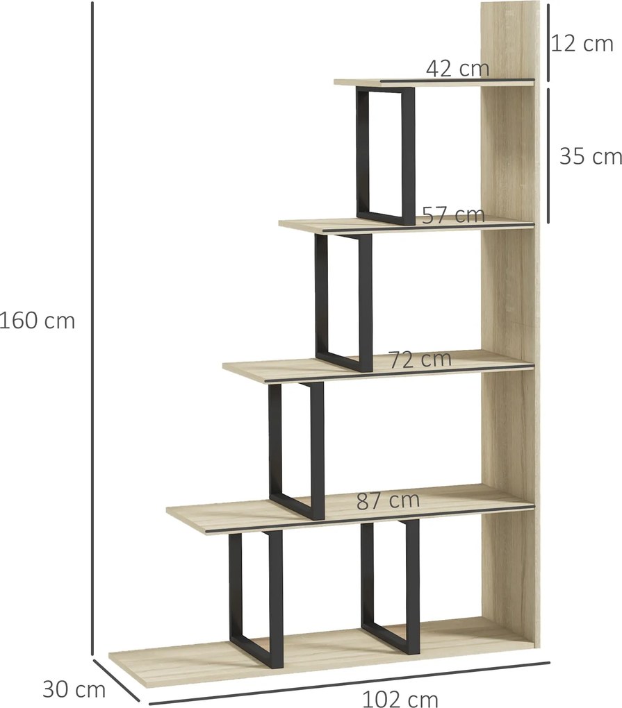 HOMCOM Knihovna v průmyslovém stylu s 5 policemi 102 x 30 x 160 cm Dub