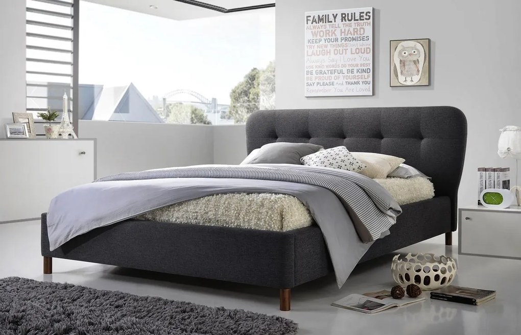 Manželská postel 160x200 cm čalouněná látkou v tmavě šedé barvě KN653