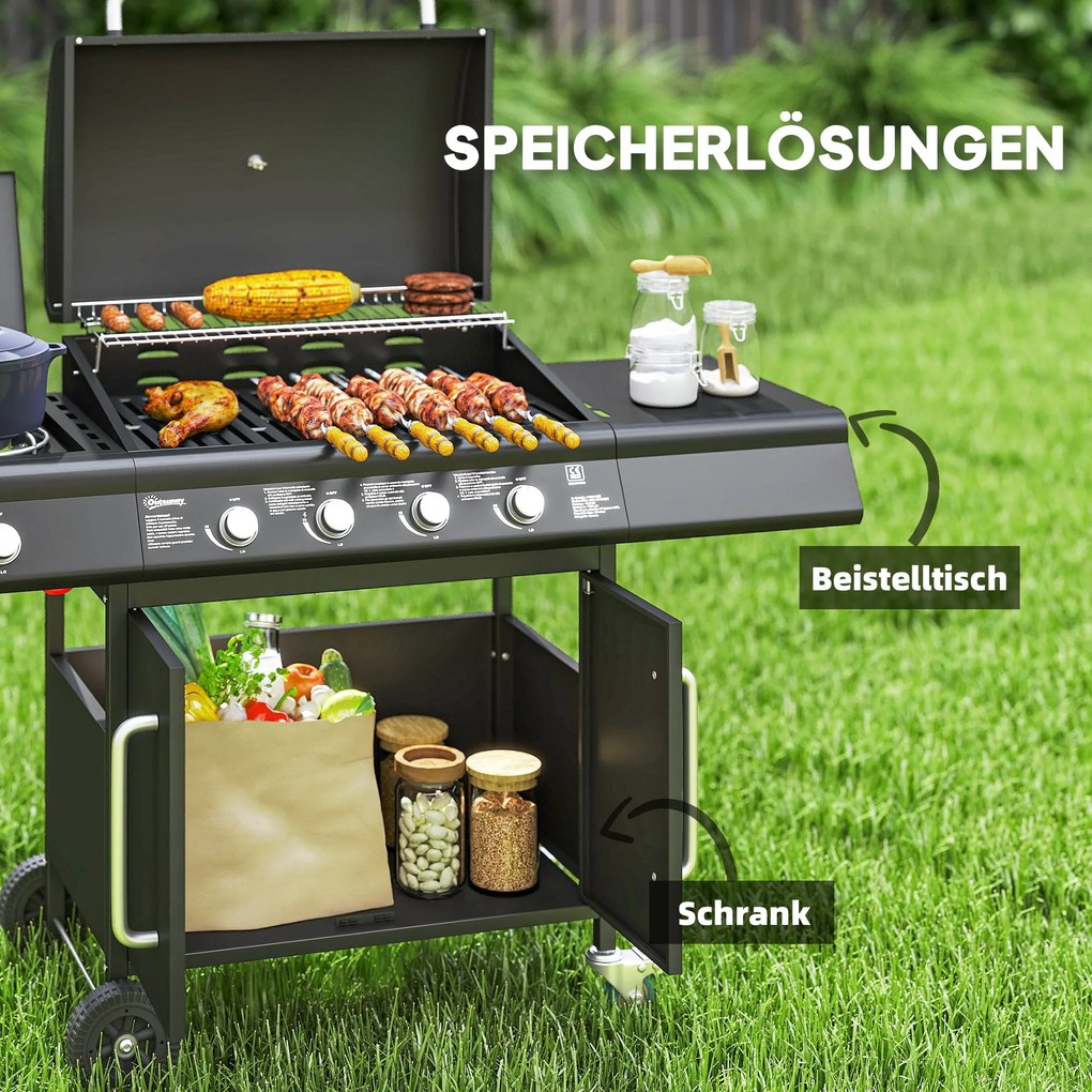 Outsunny Plynový gril 15,2 KW, grilovací vozík včetně 5 nerezových hořáků, kolečka, boční vařič, 129,5 x 56 x 110 cm, černá