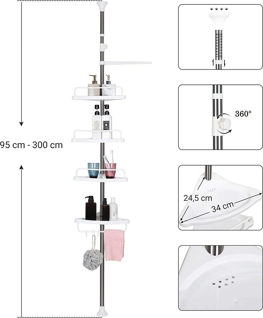 Nastavitelný koupelnový rohový regál, teleskopický sprchový regál, 95-300 cm