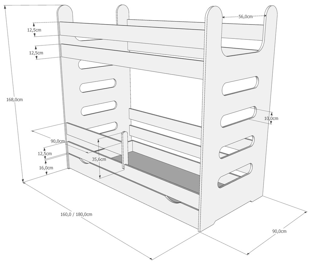 BabyBeds Dětská patrová postel MATI 180x80 Barevné provedení: Dub, Úložný prostor: Ano, s úložným prostorem