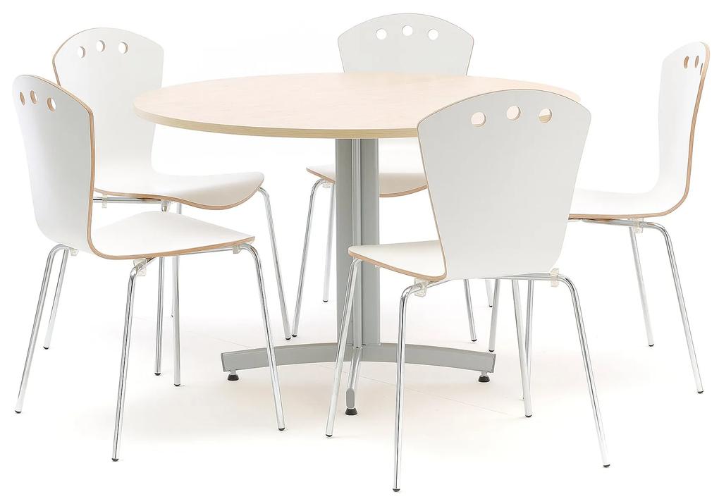 AJ Produkty Jídelní sestava SANNA + ORLANDO, stůl Ø1100 mm, bříza + 5 židlí, bílé