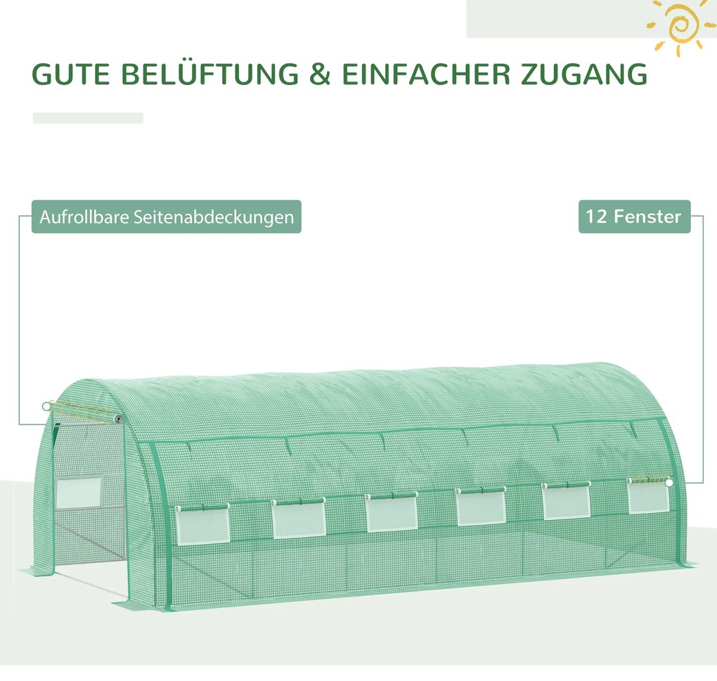 Outsunny polytunelový skleník 6x3x2m s UV ochranou, průchozí, rolovací kryty z trubkové oceli, zelený | Aosom.de