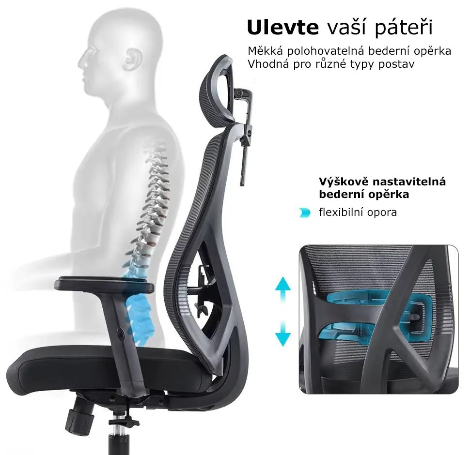 Kancelářská ergonomická židle Neoseat FLEX PRO — síť / látka, černá, nosnost 150 kg