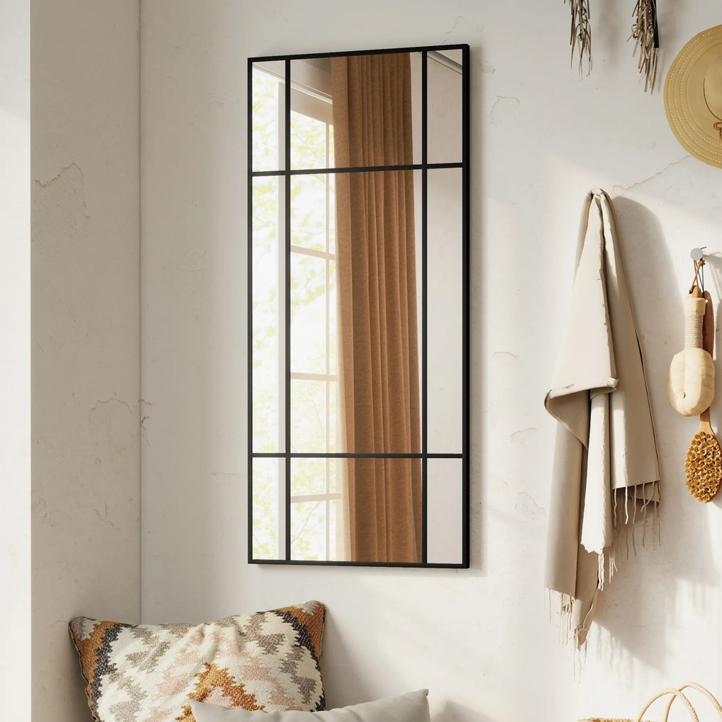 HOMCOM Nástěnné zrcadlo, dekorativní zrcadlo s kovovým rámem, černé pruhy, vrstvené sklo, 50Š x 2H x 110V cm